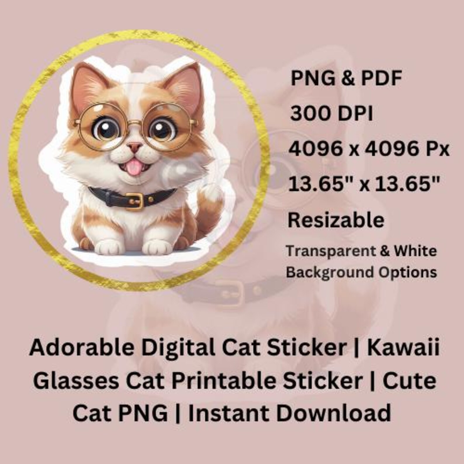 Adorable Digital Cat Sticker | Kawaii Glasses Cat Printable Sticker ...
