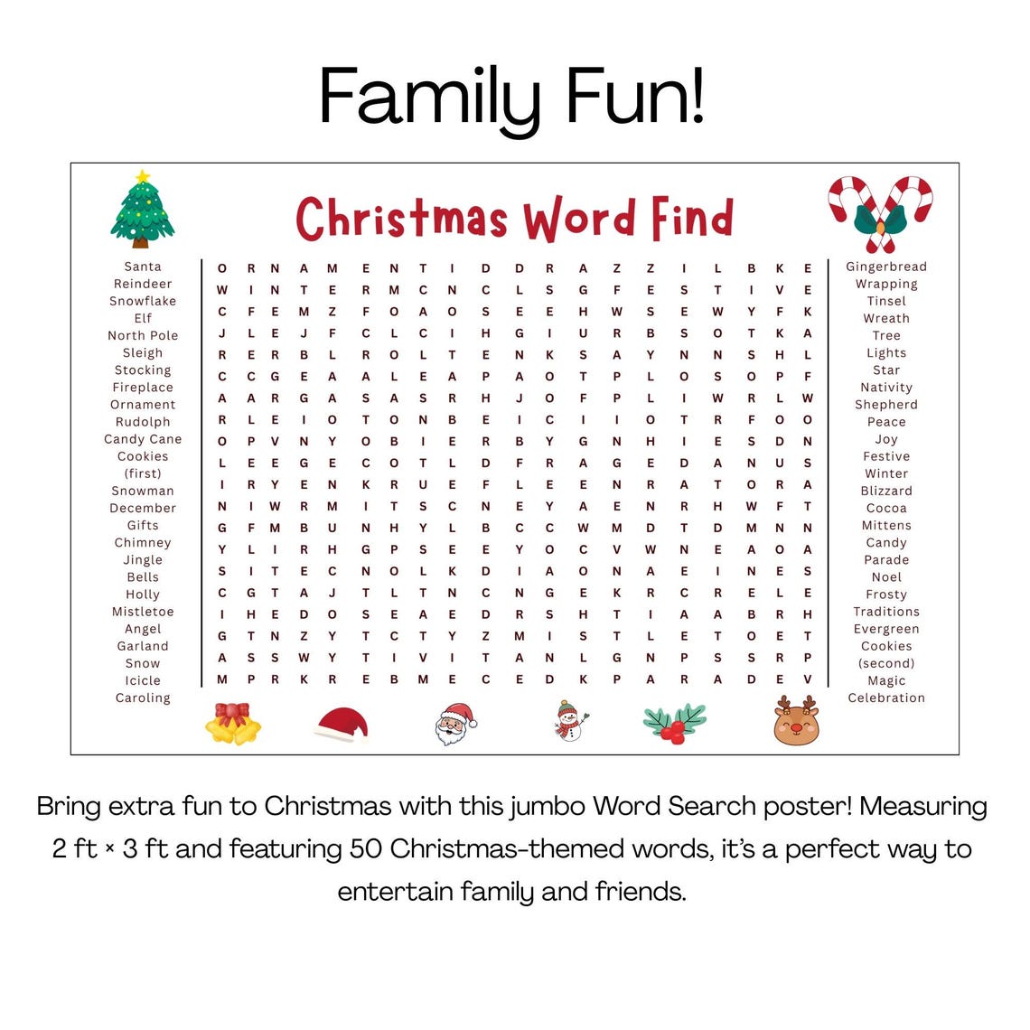 Giant XXL Christmas Word Search Game - 50 Words - Fun Holiday Game ...
