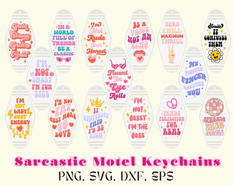Sarcastic Motel Keychain SVG PNG Bundle, Retro Funny Key Tag Designs ...