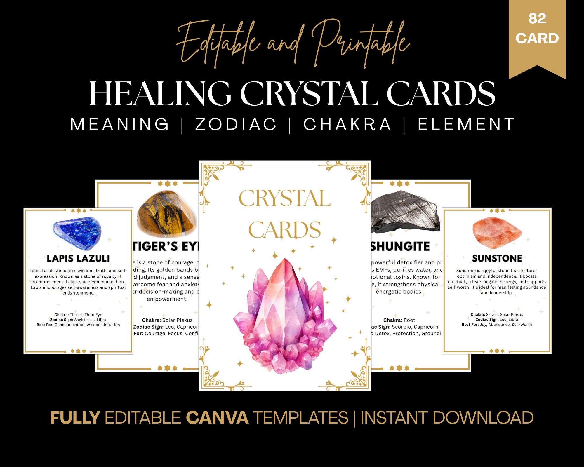 Editable Crystal Meaning Cards, Chakra Zodiac Guide (digital Download ...