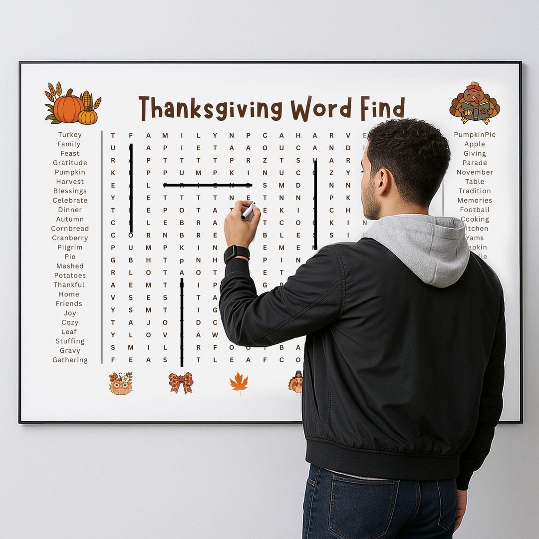 Thanksgiving Word Search Poster – 50 Words Wall Game, Family Party ...