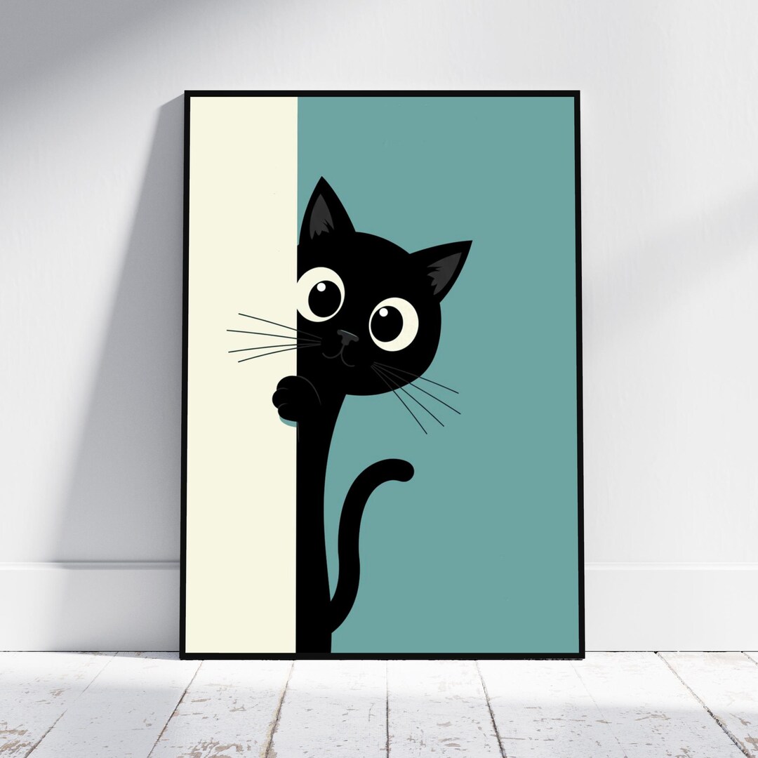 Cat Poster I Print, Black Cat Looking Around the Corner, Curious Cat ...