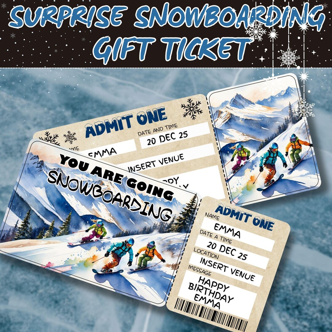 Snowboarding Trip Ticket | Editable Winter Vacation Gift (digital ...