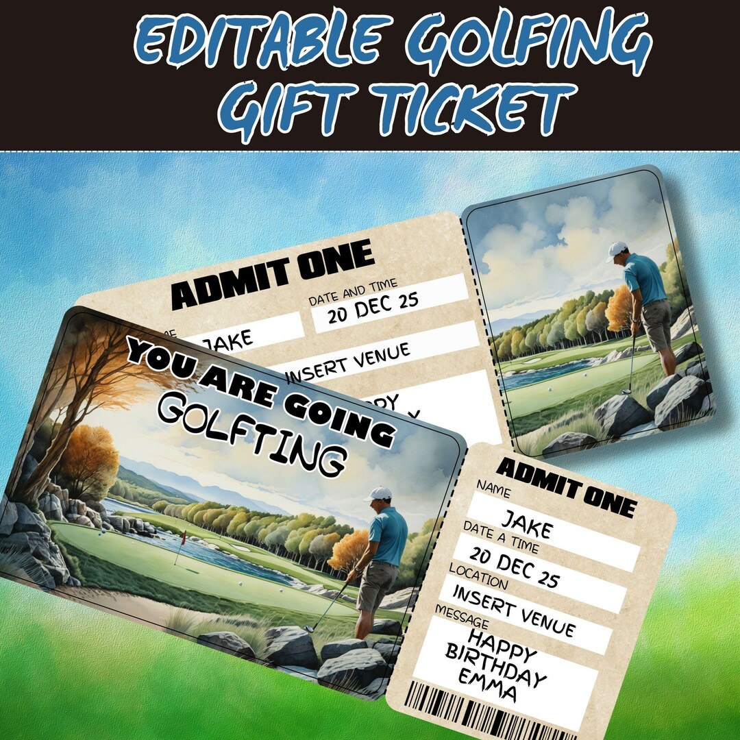 Golfing Surprise Gift Ticket | Editable Golf Pass | Custom Golf Voucher ...