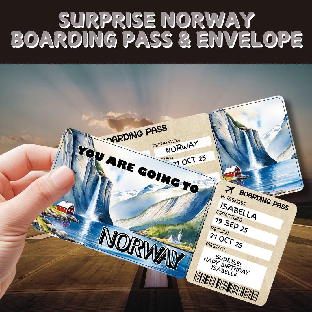 Norway Trip Surprise Gift Ticket | Editable Boarding Pass | Custom ...