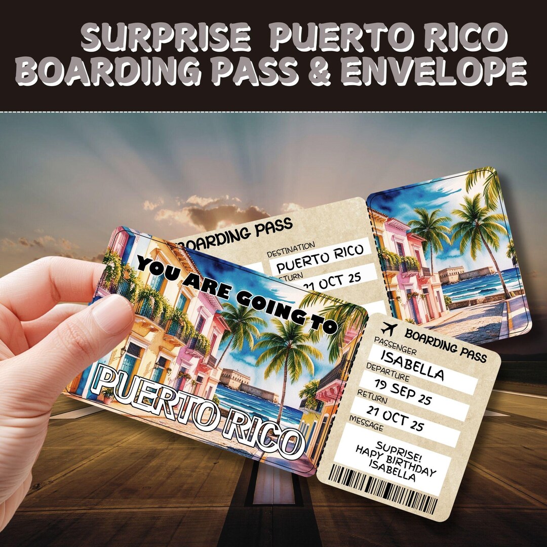 Puerto Rico Trip Surprise Gift Ticket| Editable Boarding Pass Custom ...