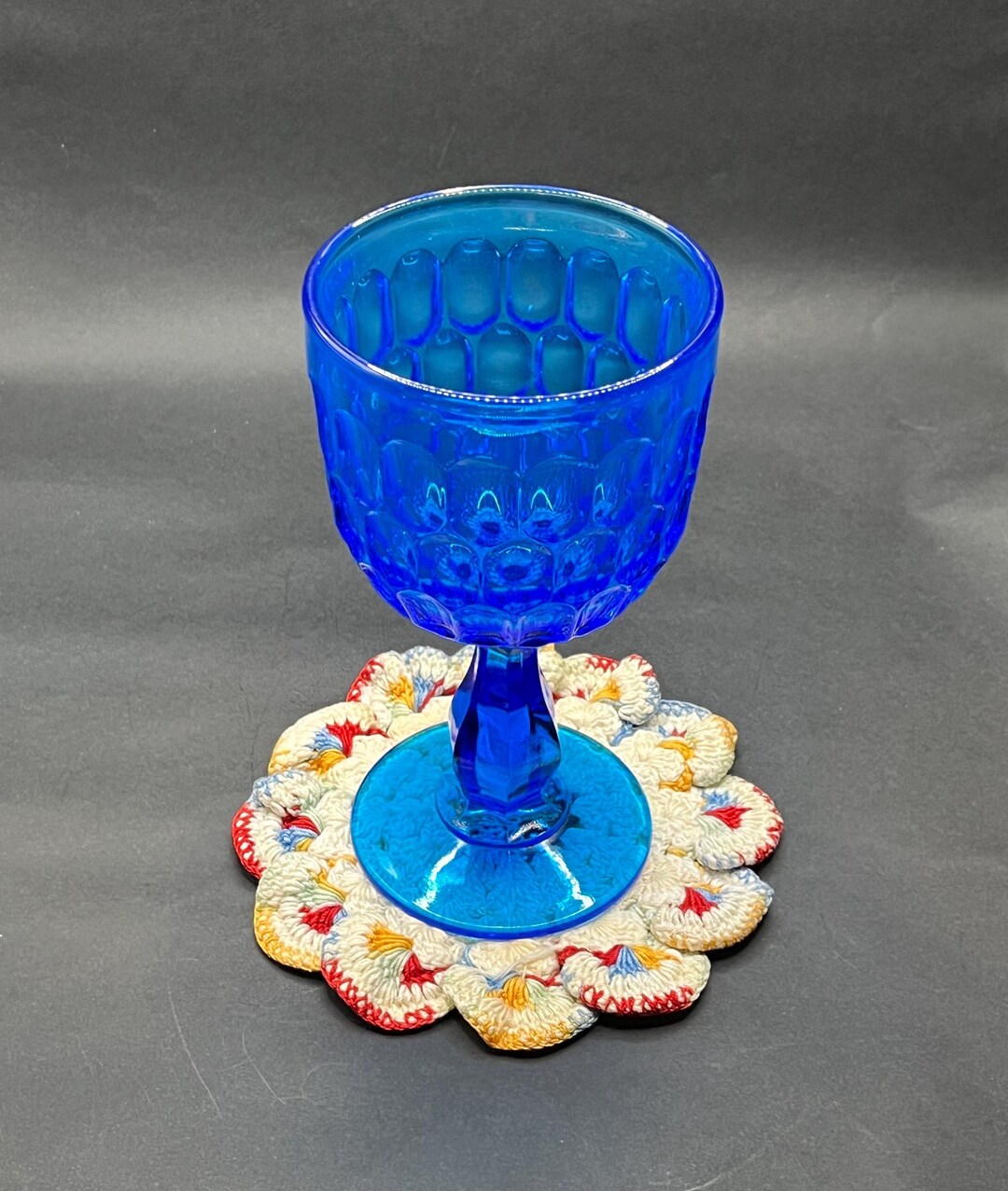 Vintage Blue Glass Goblet Fenton Colonial Blue Thumbprint Wine Glass ...