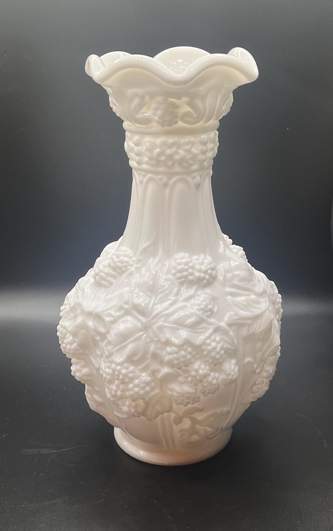 Vase Vintage Milk Glass Loganberry Imperial Glass Embossed Large Vase ...