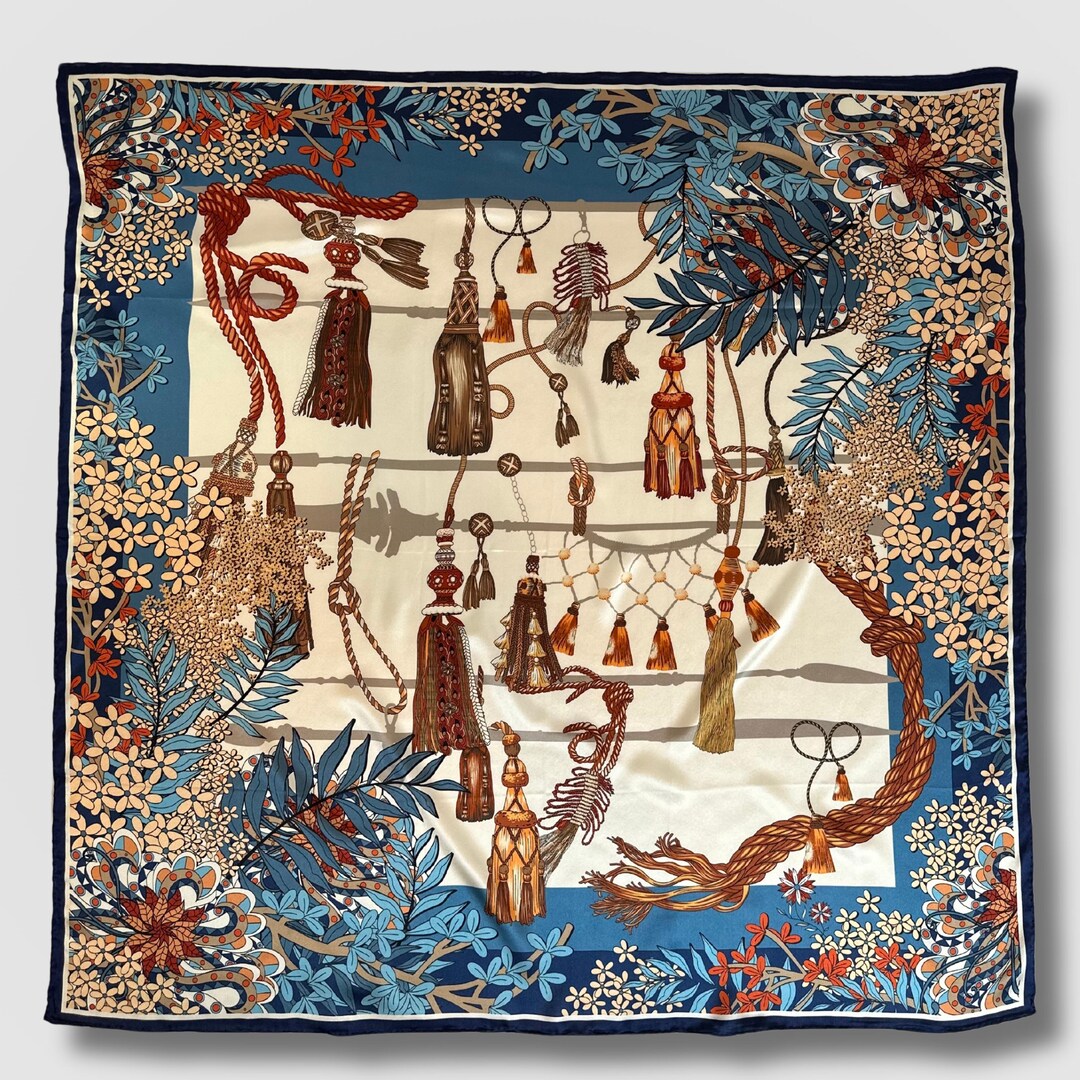 Natural Silk Scarf Crepe Satin Scarf Falling Sakura Blue With Hand ...