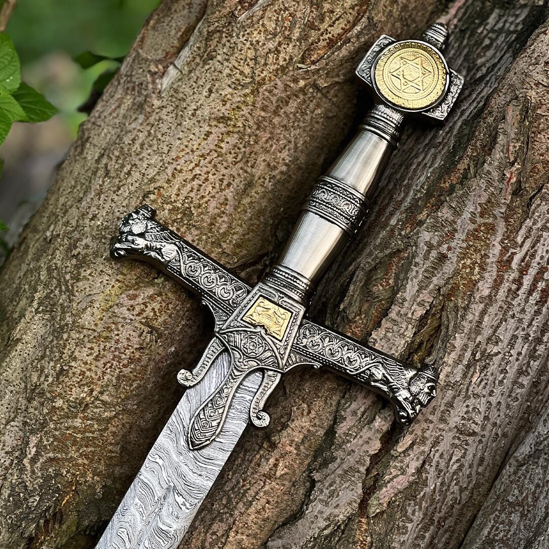 Hand Forged Damascus Steel King Solomon Sword: Medieval Knights Templar ...