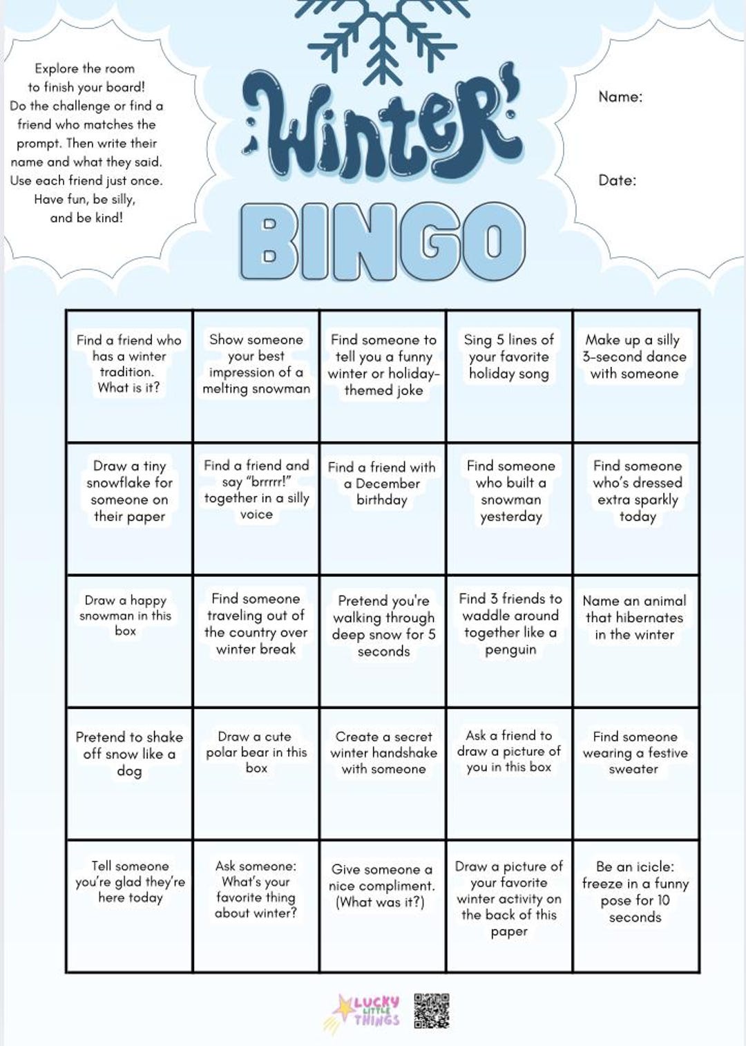 Winter Find-a-friend Bingo Game • Kids Classroom Icebreaker • Holiday ...