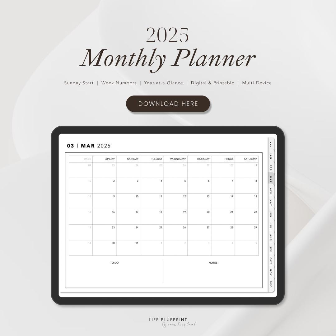 2025 Monthly Digital Planner, Printable Calendar Template, Minimalist ...