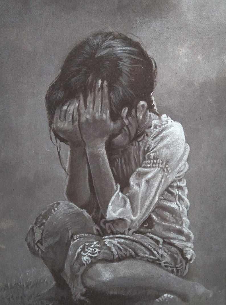 Crying Little Girl Painting, Heartfelt Artistic Expression, Innocence ...