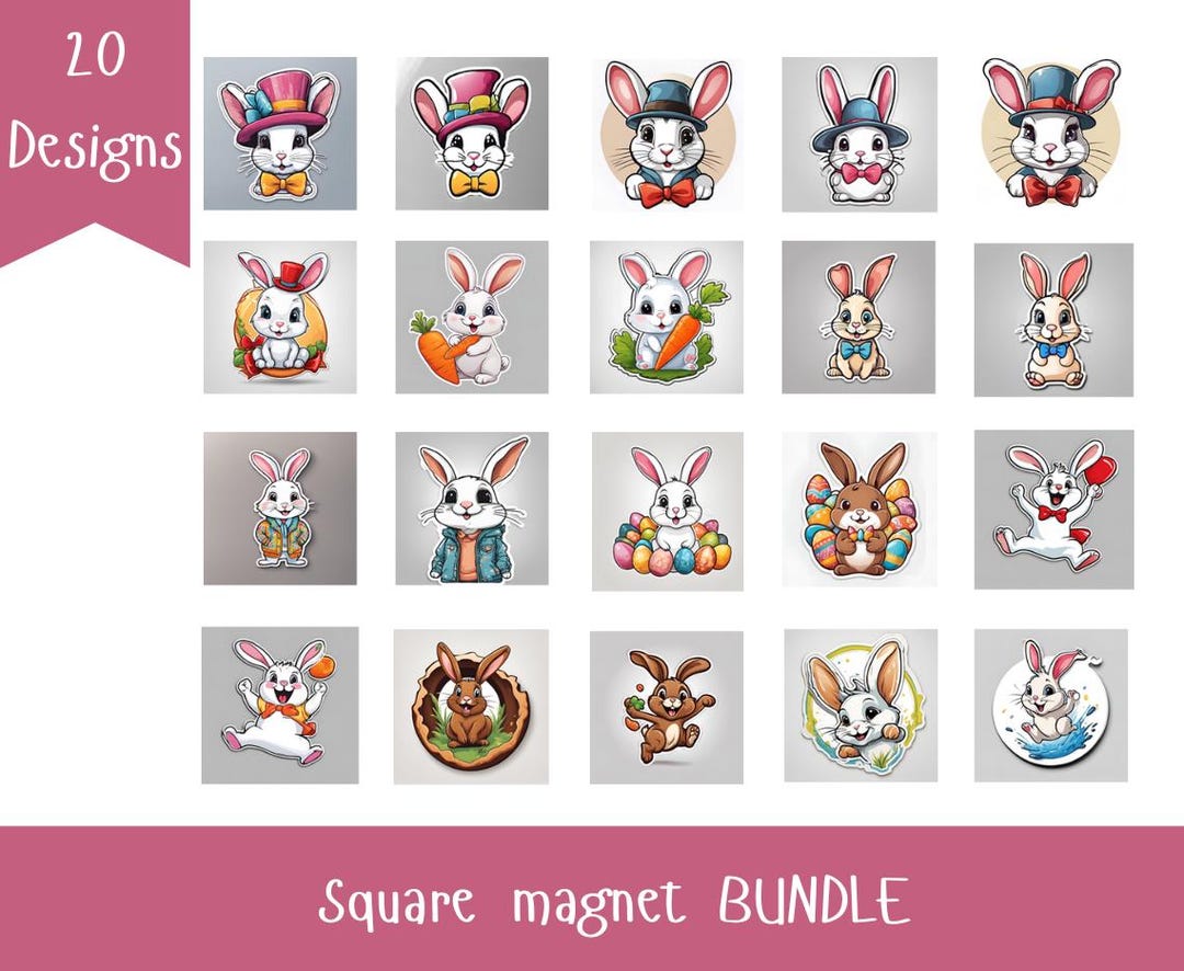 Cute Bunny Magnet Designs. Bunny With a Hat Fridge Magnet Bundle. Funny ...