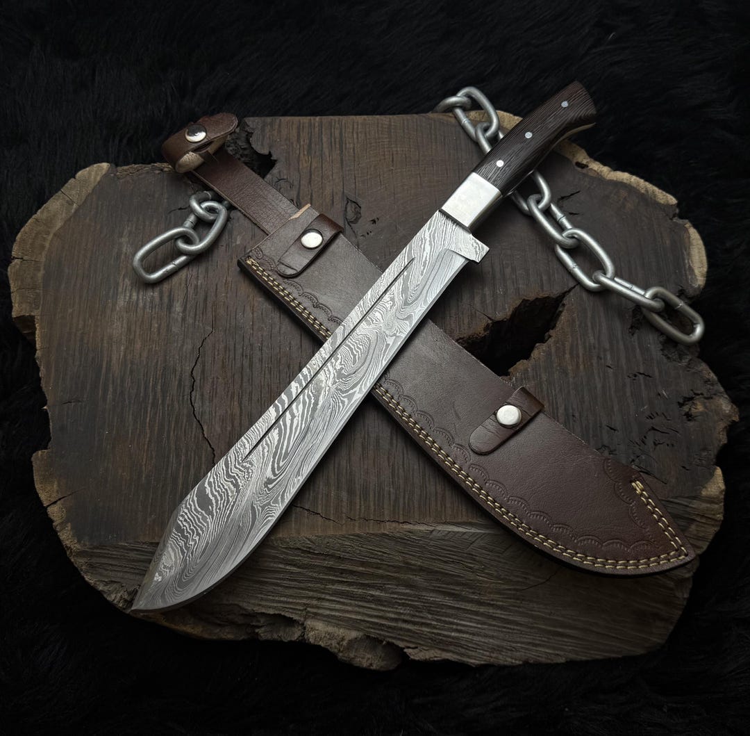 Handmade Damascus Steel Machete With Leather Sheath | Full Tang | Razor ...