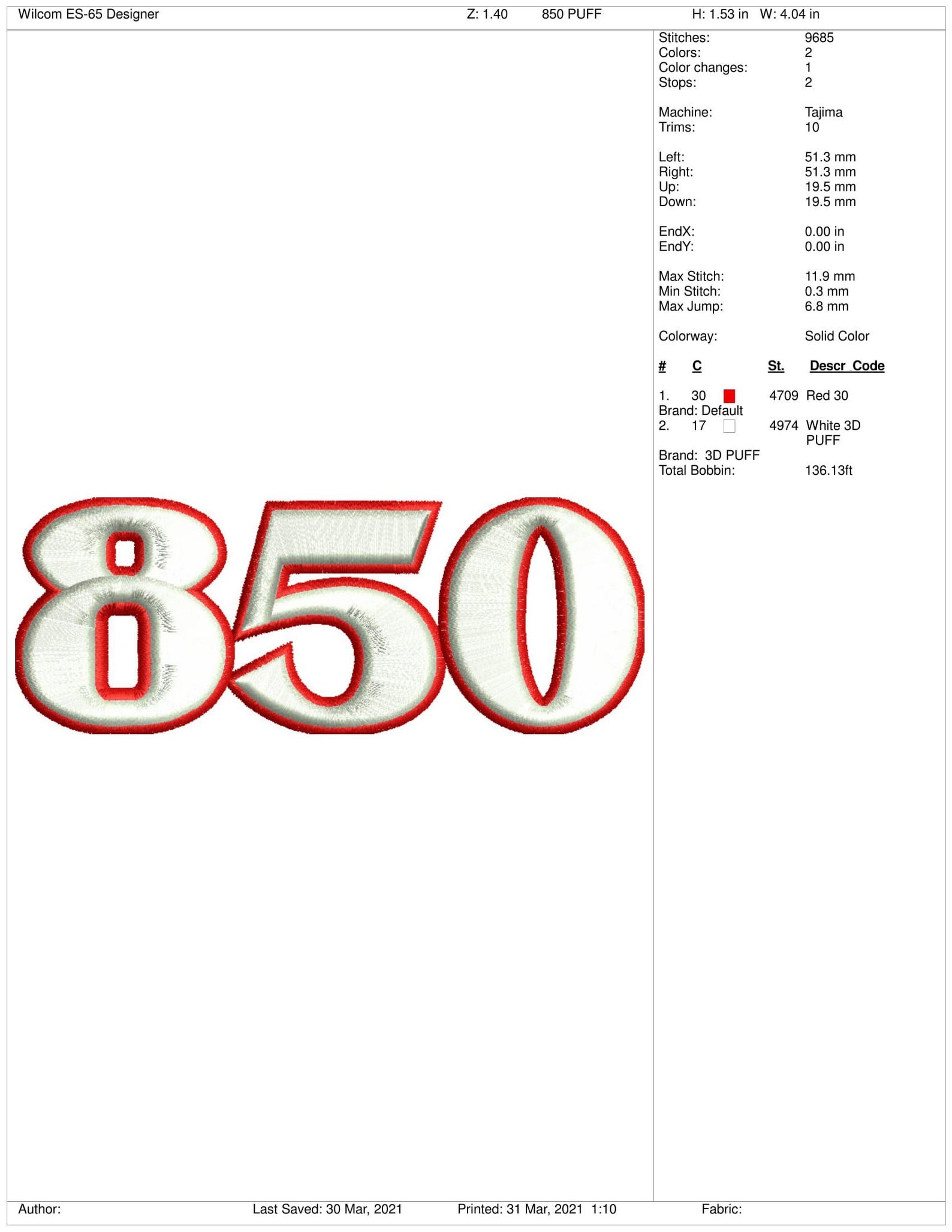 850 Number 3D Puff Embroidery Design | Classic Bold Numeric Machine ...