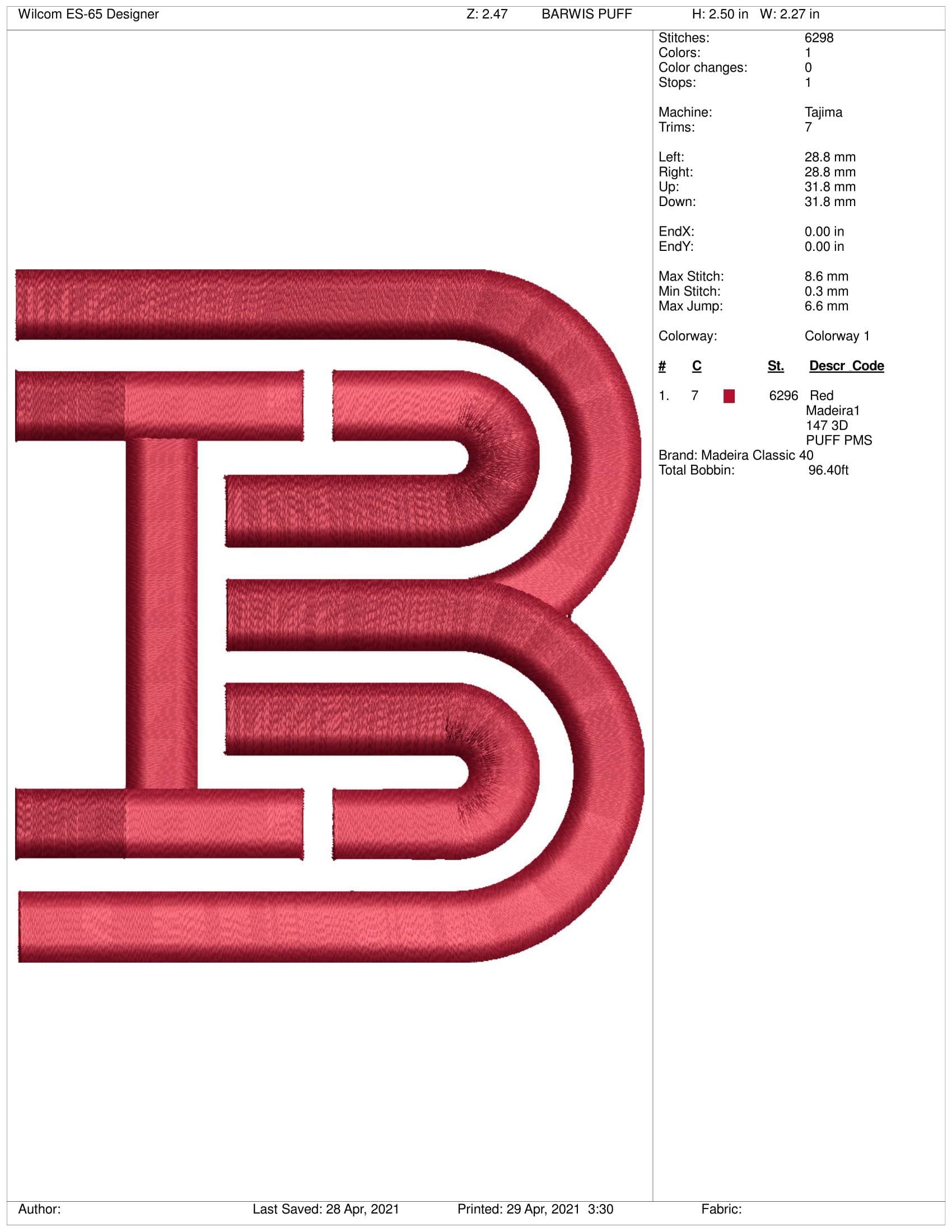 3D Puff Modern Letter B Embroidery Design – Machine Embroidery Files ...