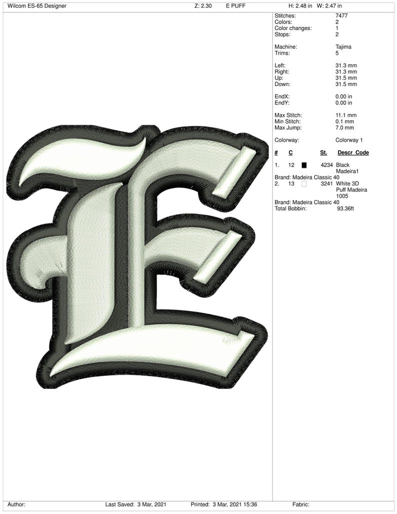 Gothic E Letter 3D Puff Embroidery Design | Digital Machine Embroidery ...