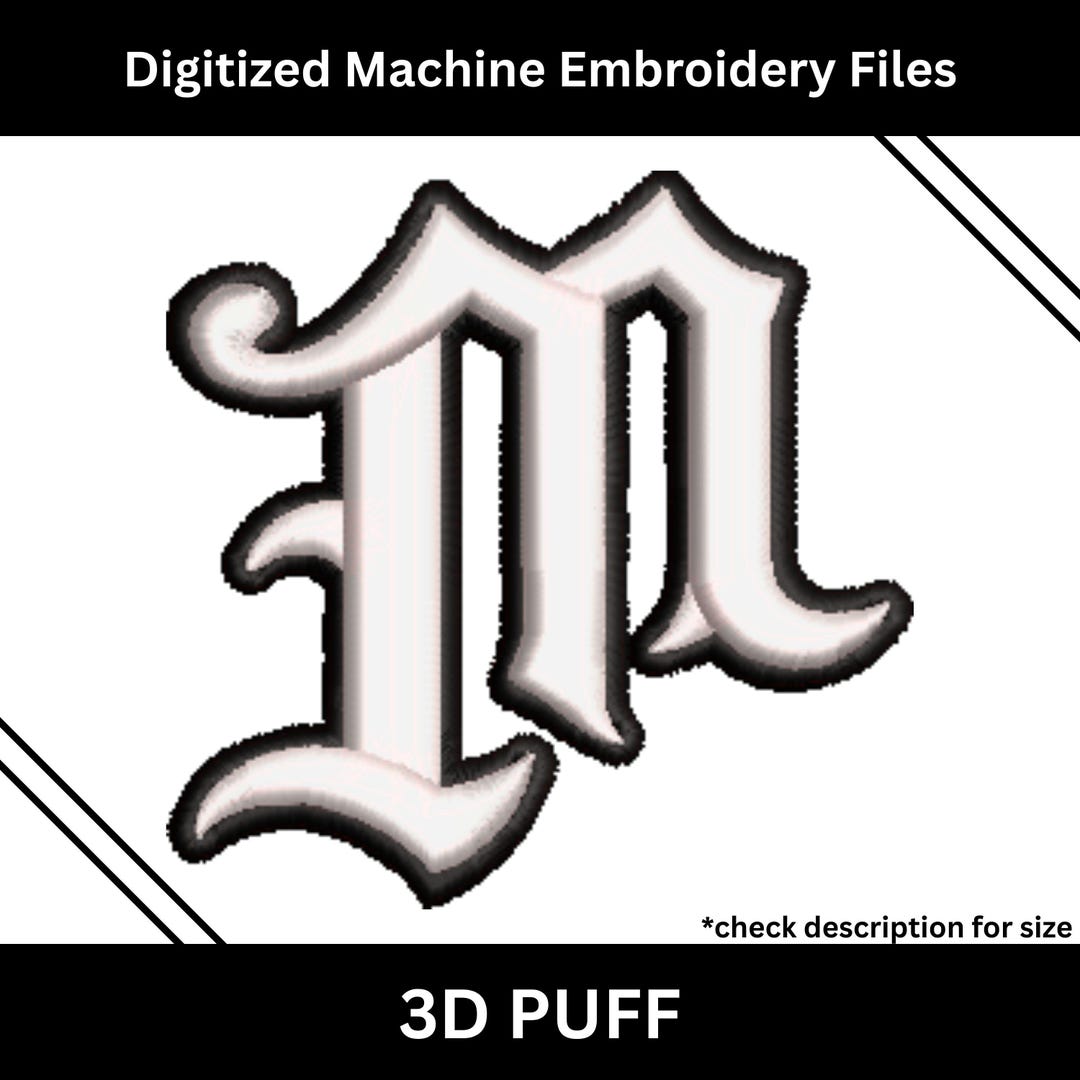 Gothic M 3D Puff Embroidery Design – Old English Monogram Letter ...
