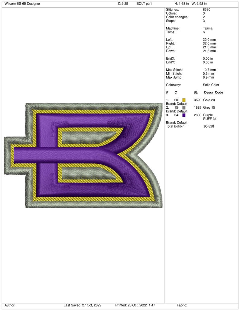 B Letter 3D Puff Embroidery Design | Bolt Logo Digitized File | Instant ...