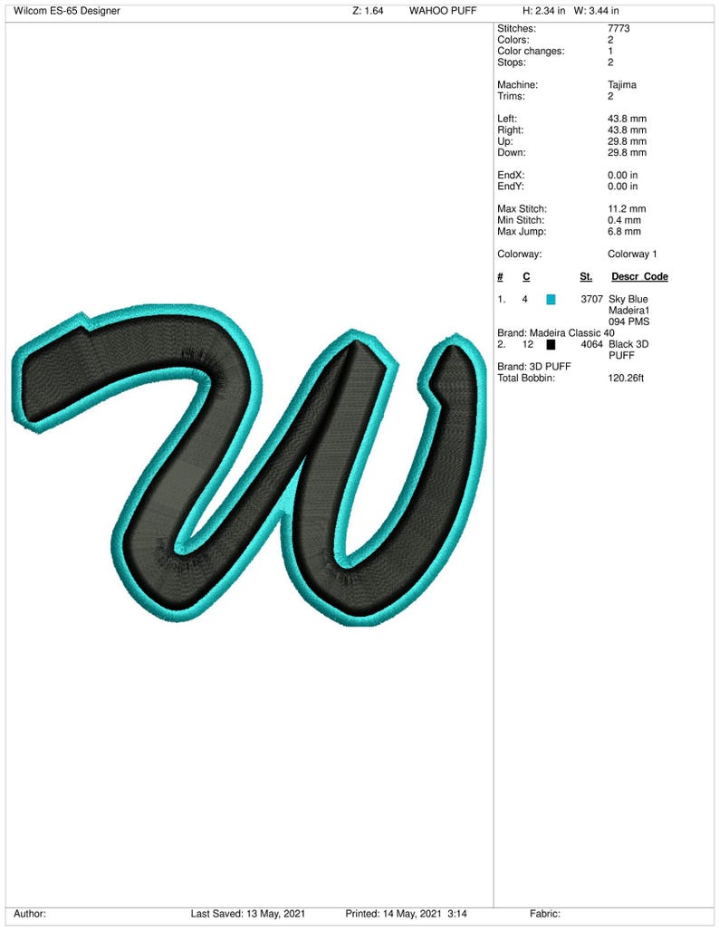 W 3D Puff Script Embroidery Design | Wahoo Letter Machine Embroidery ...