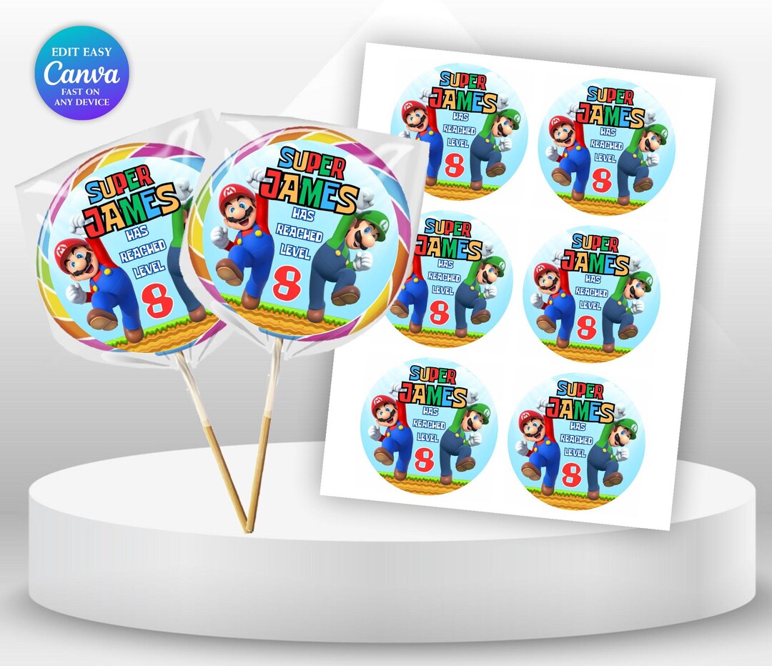 Mario Bros Birthday Lollipop Label Mario Theme Party Super Mario Invite ...