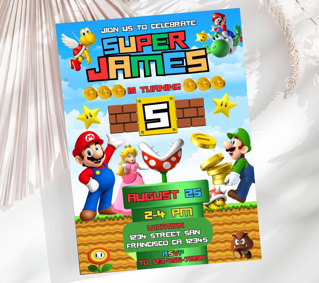 Super Mario Birthday Invitation Mario Bros Party Invite Boy 5th ...