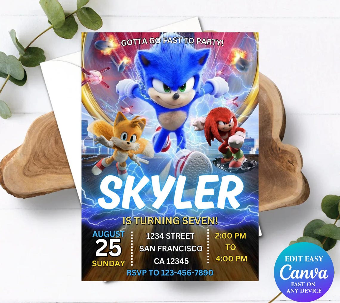 Sonic 3 Birthday Invitation Super Hedgehog Party Boy 7th Birthday ...