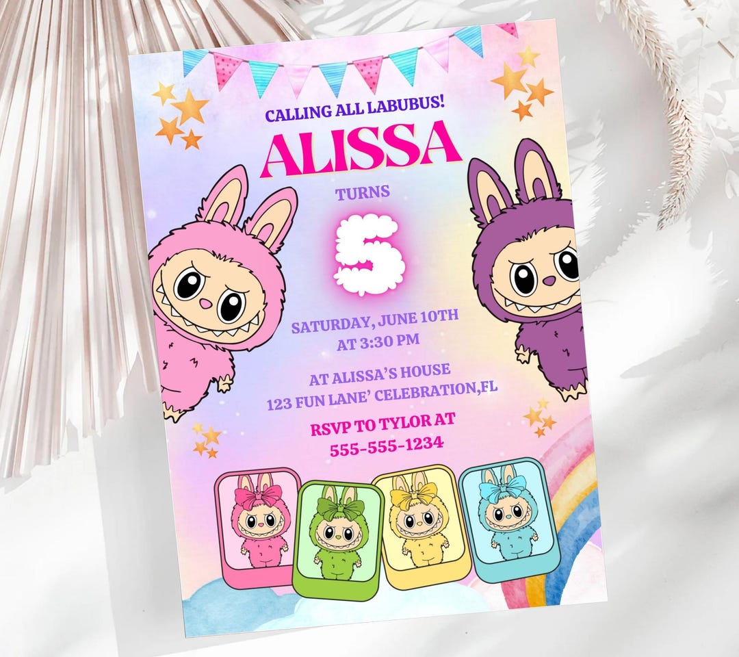 Labubu Birthday Invitation Pink Labubu Theme Party Labubu Girl 5th ...