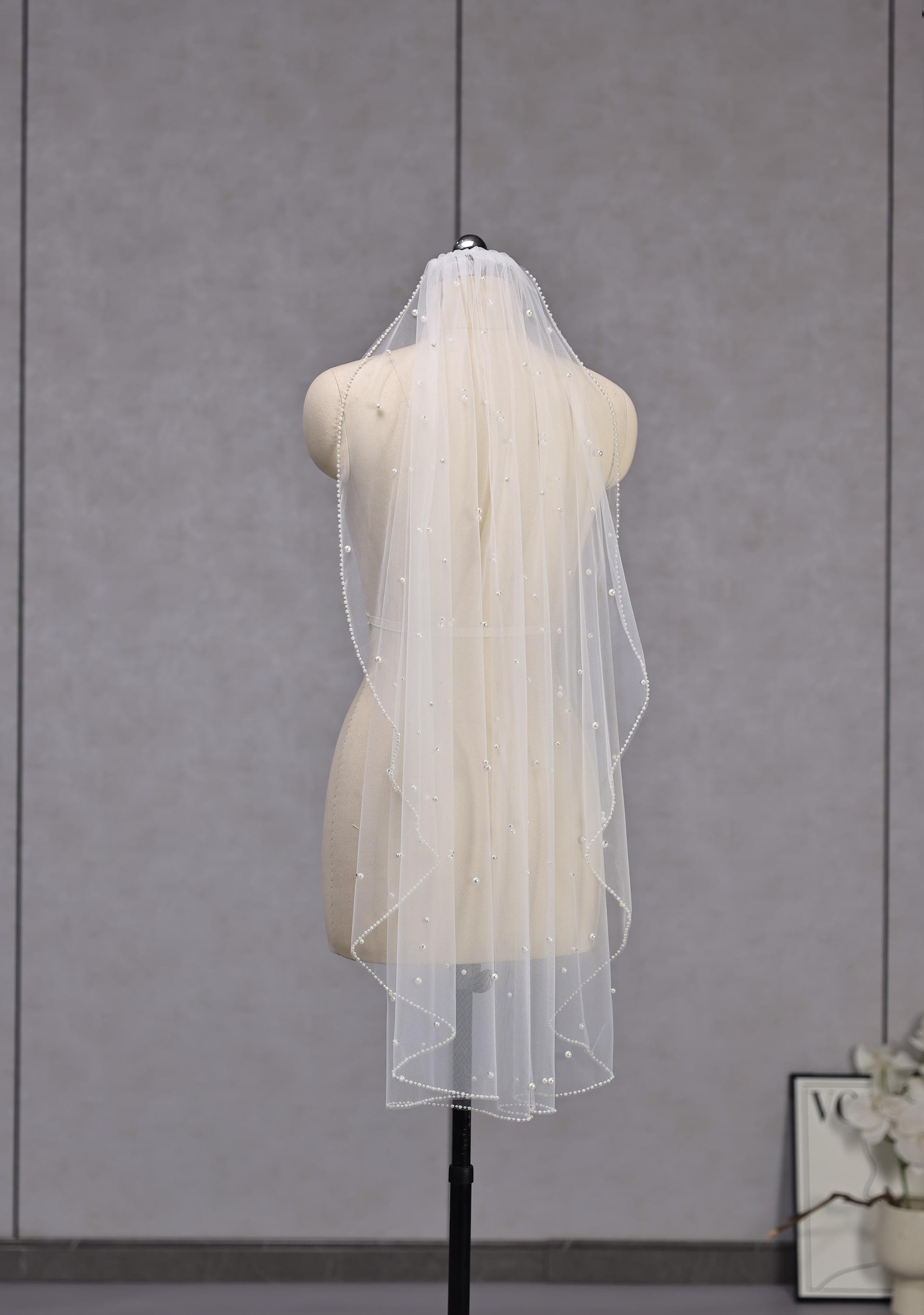 Beaded Trim Wedding Veil, Short Bridal Veil With Comb, Simple Pearls ...