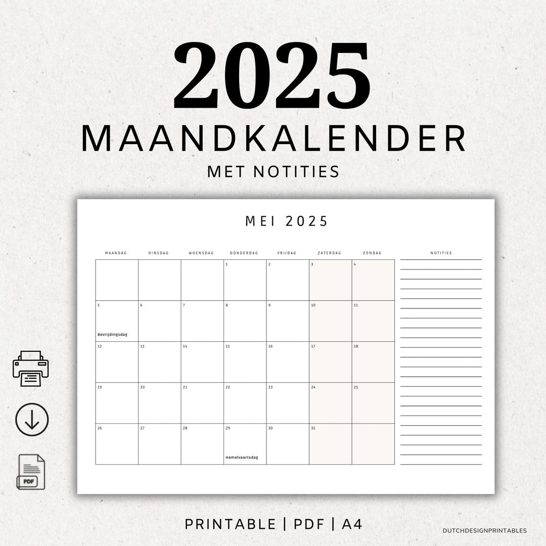 Printable Dutch Calendar 2025 Minimalist Monthly Calendar A4 Printable ...