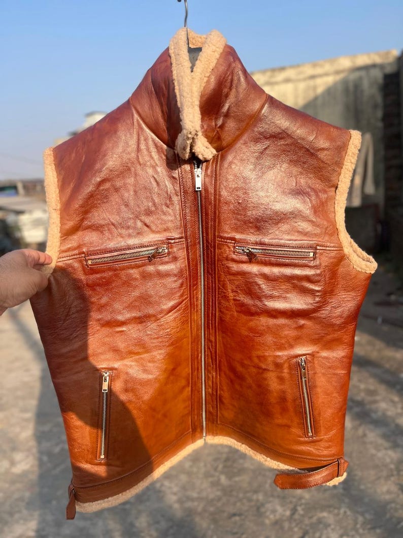 Handmade Cowhide Shearling Vest | Men's Brown Leather Aviator Gilet - Etsy