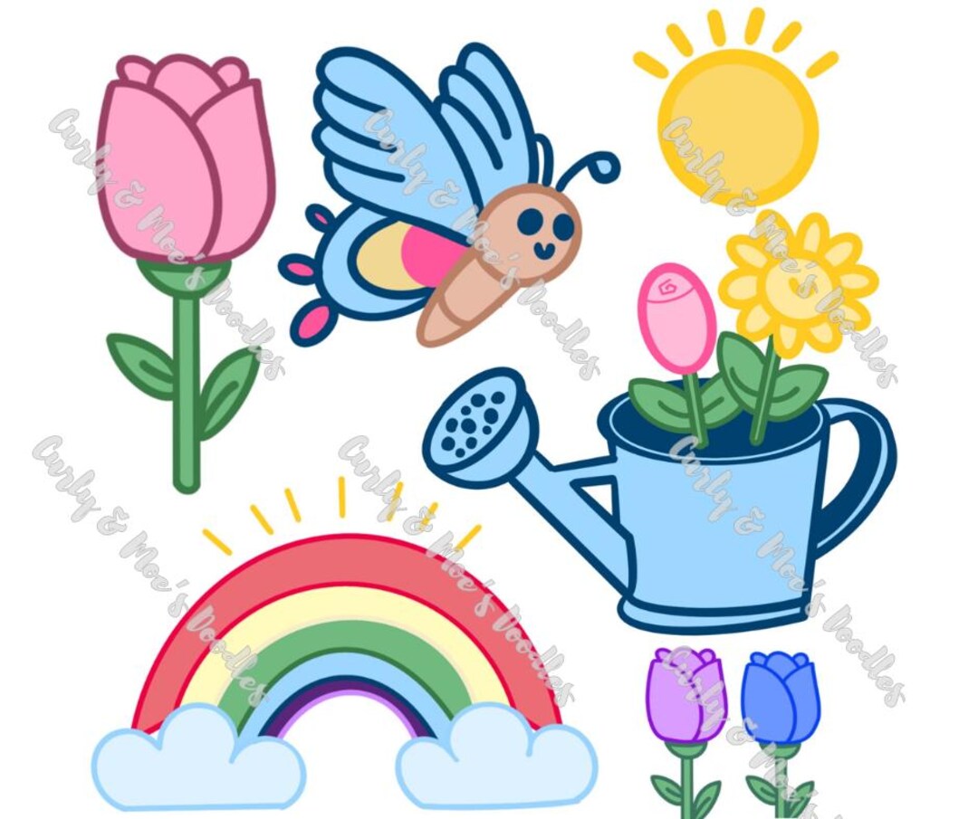 Spring Clip Art Doodle Pack | Flowers, Watering, Butterflies, PNG ...