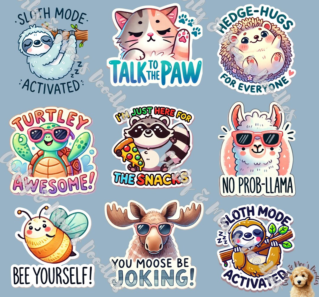 Funny Animal Stickers Pack, Raccoon, Turtle, Moose, Sloth (digital ...