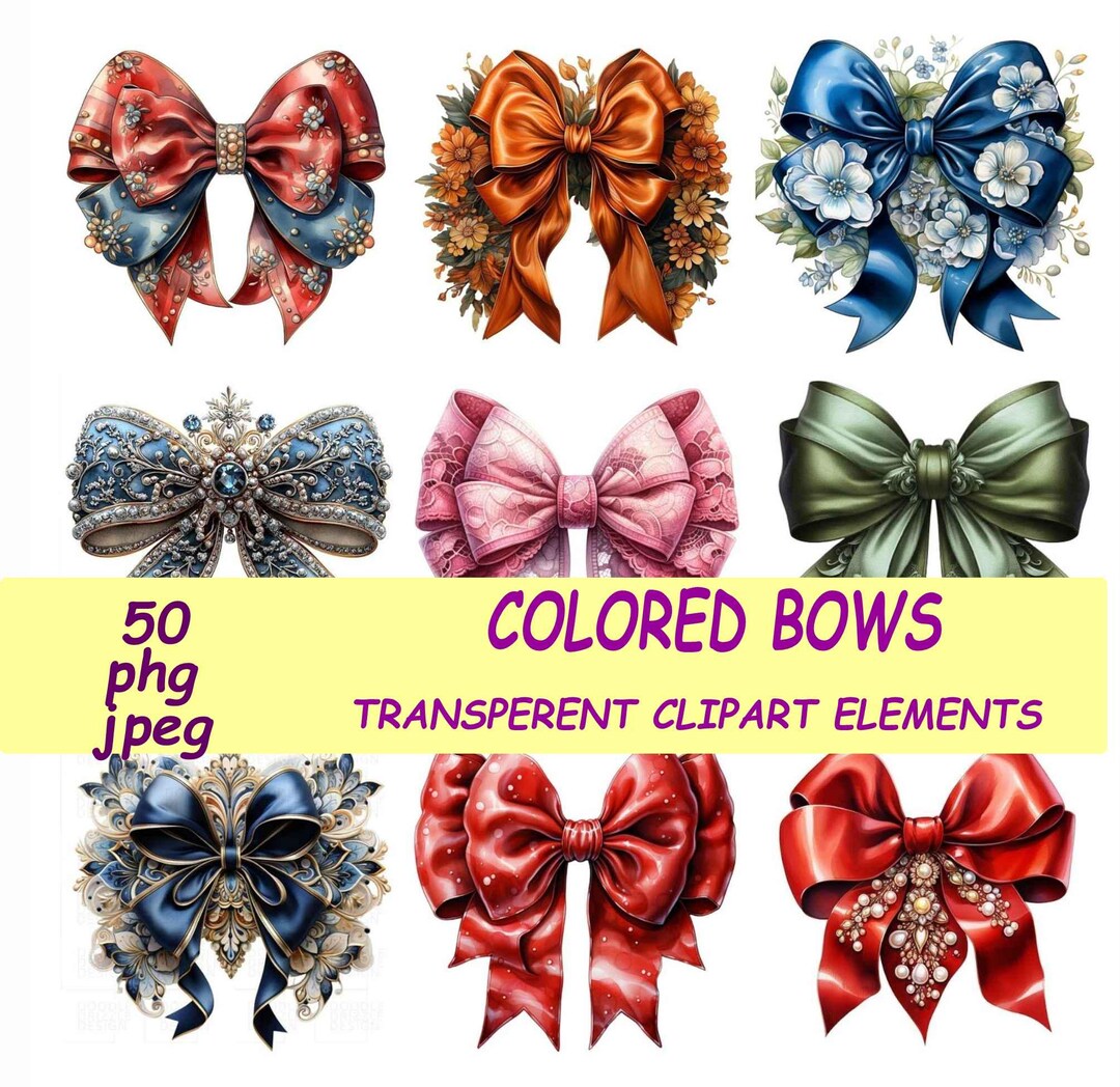 50 Elegant Bows Clipart: Colorful PNG, JPEG (digital Download) - Etsy