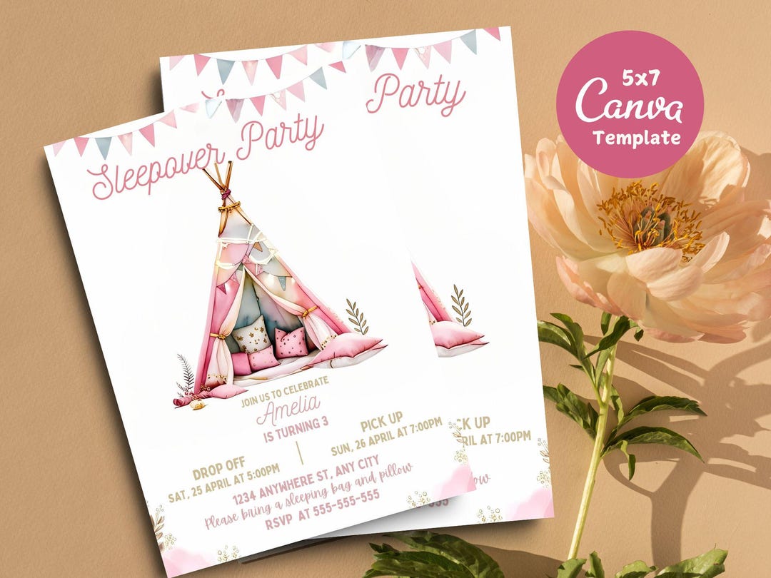 Sleepover Birthday Minimalist Invitation Set Slumber Party Invite Girl ...