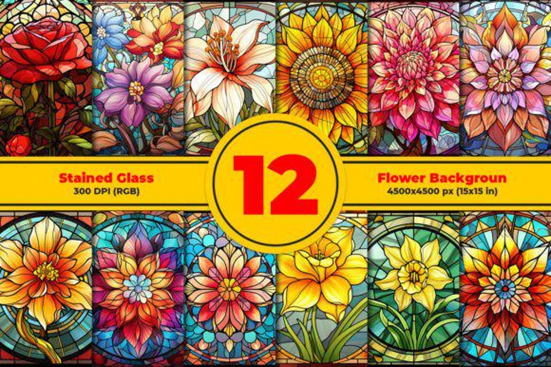 Stained Glass Flower Digital Paper: Colorful Floral Art (digital ...