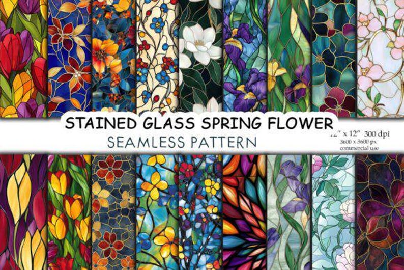 Stained Glass Floral Digital Paper | Seamless Spring Flower Patterns ...