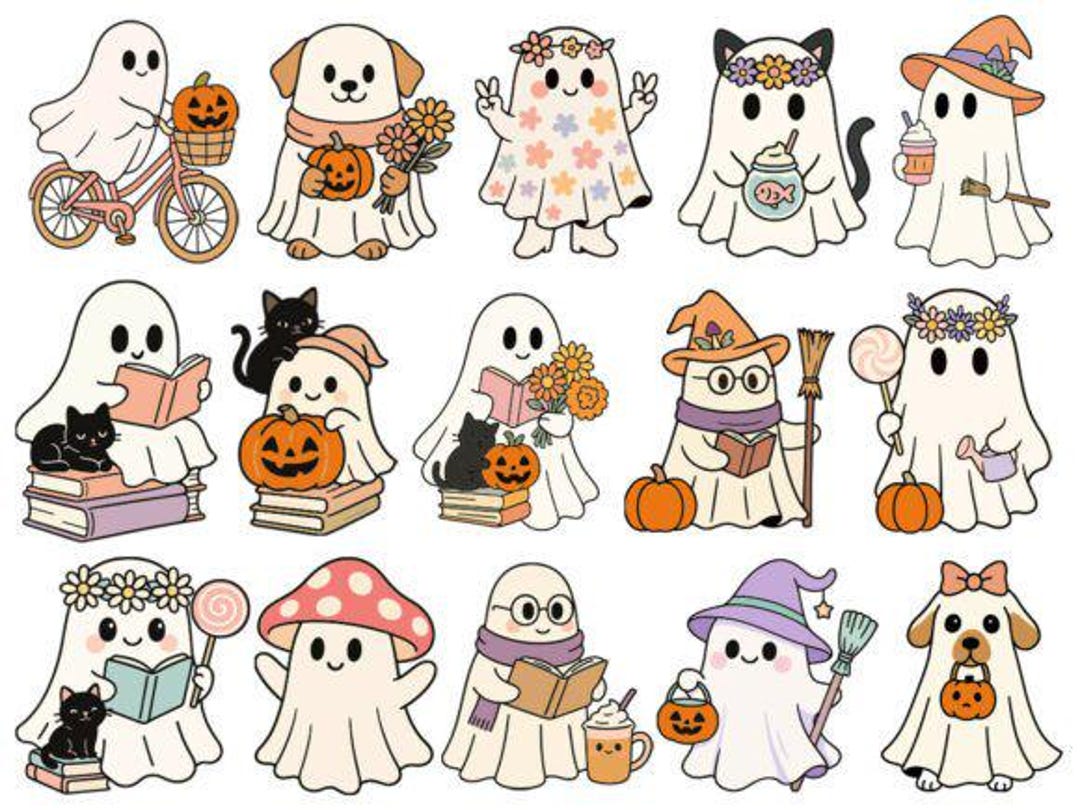 Cute Ghost Halloween Clipart Bundle | Kawaii Ghost PNG, Dog & Cat ...