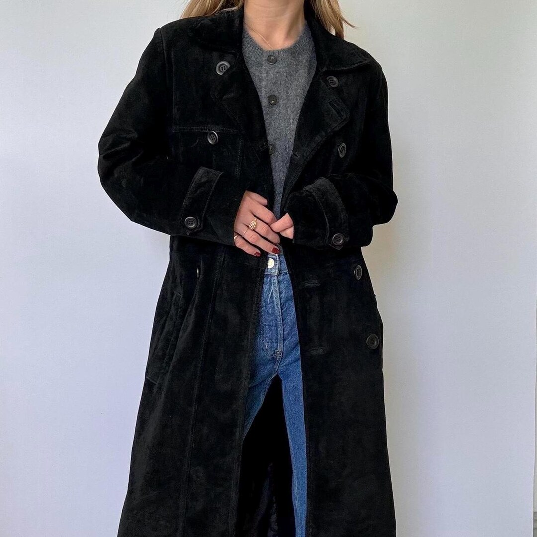Women Black Suede Long Coat Double Breasted Trench Coat 1970s Vintage ...