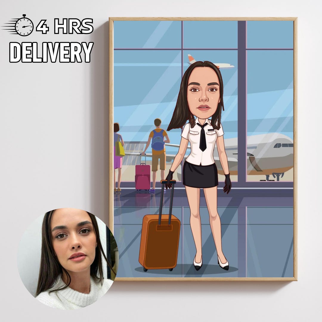 Custom Pilot Cartoon Portrait, Personalized Airline Crew Caricature ...