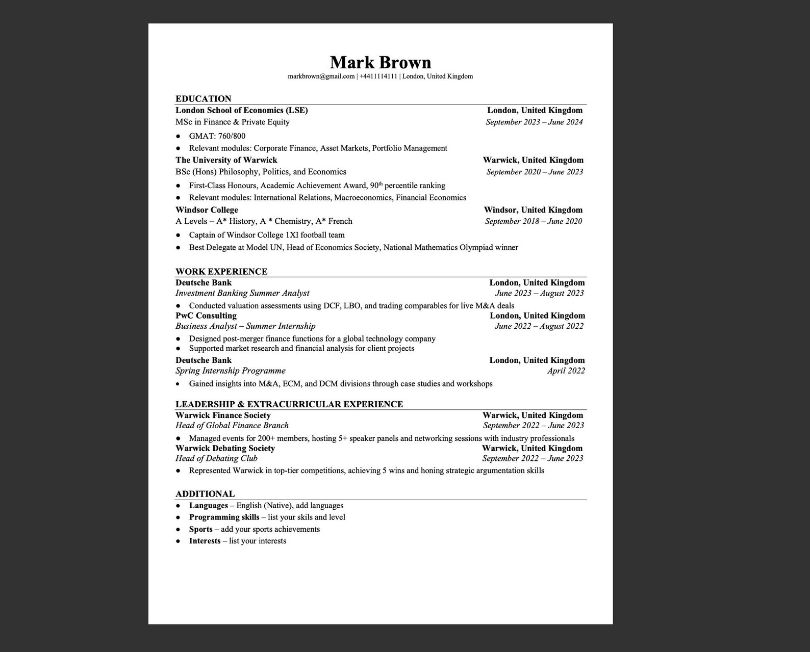 Investment Banking CV Template - Etsy