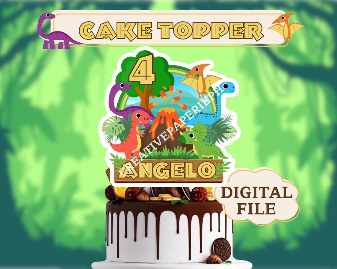 Cute Dinosaur Personalized Cake Topper, Custom Printable PNG PDF File ...