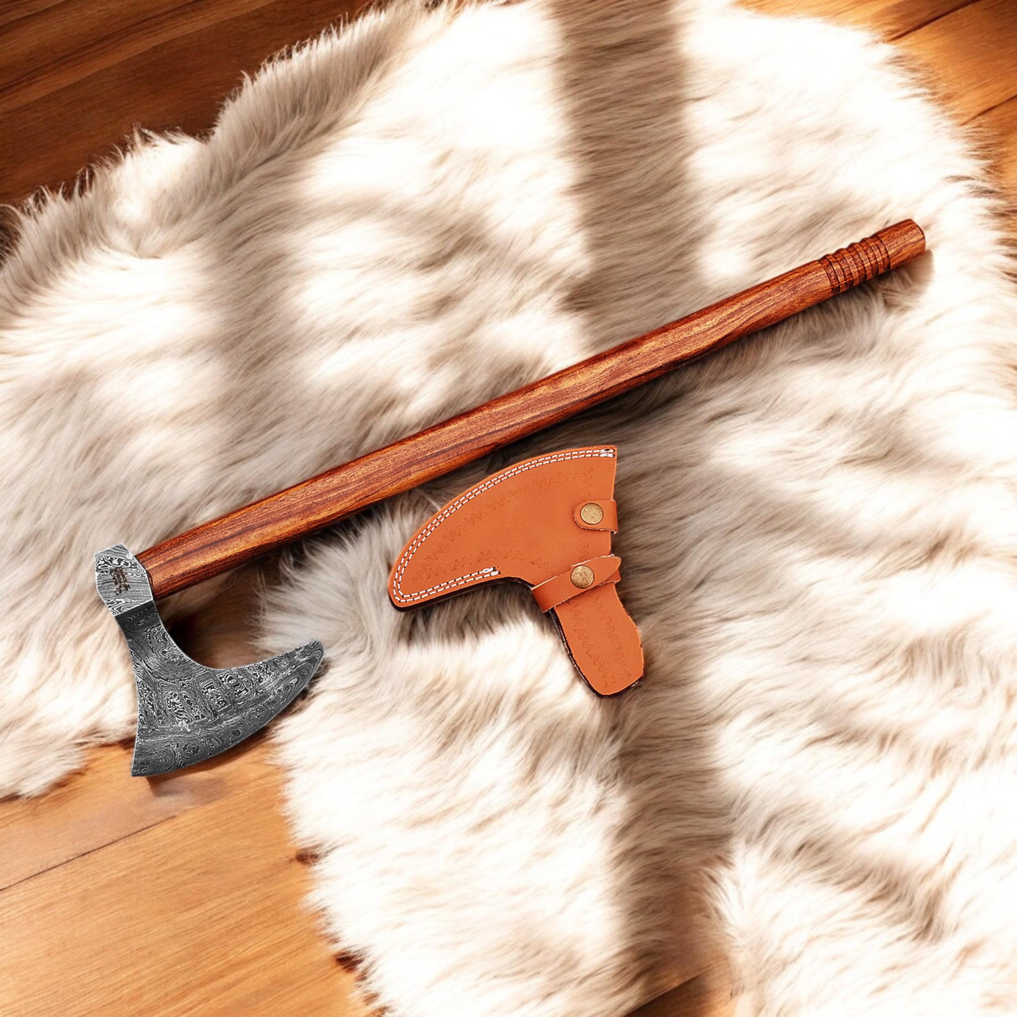 Damascus Steel Viking Axe With Leather Sheath , Custom Handmade Damascus Steel Axe With Sheath ...