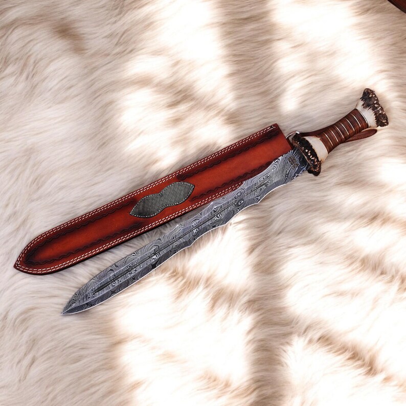 Custom Handmade Damascus Steel Natural Stag Horn Sword With Leather ...