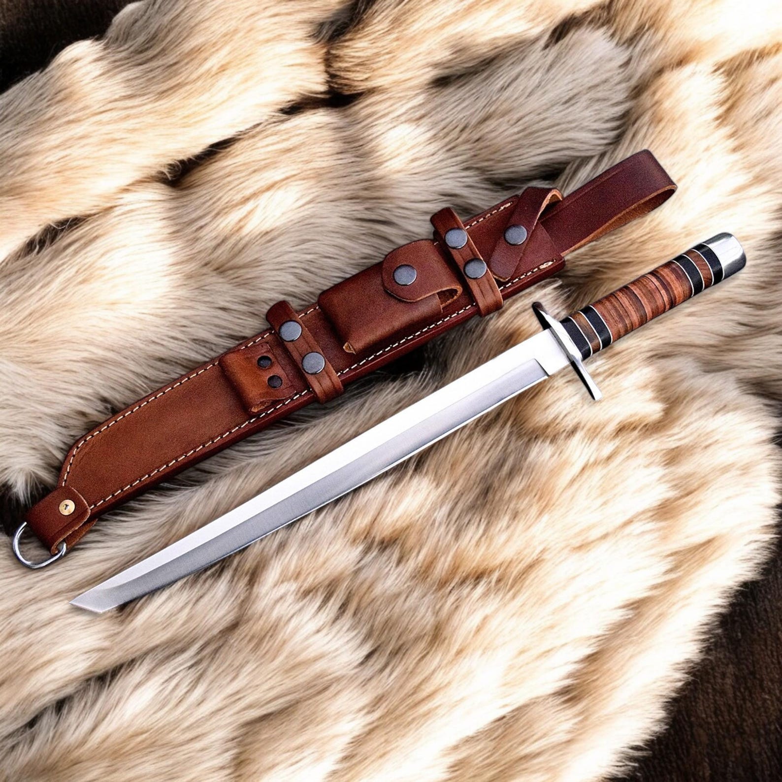 Viking Foul-fart D2 Katana Tanto Short Sword With Natural Lesther Cover ...