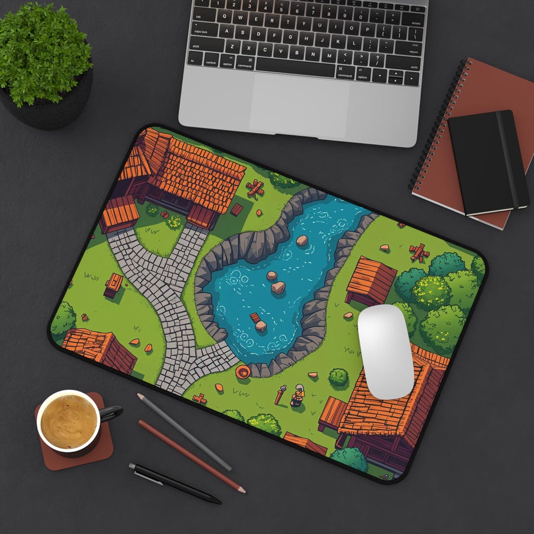 Desk Mat, Retro RPG Village Top-down View, Thatched Roofs, Pixelated ...