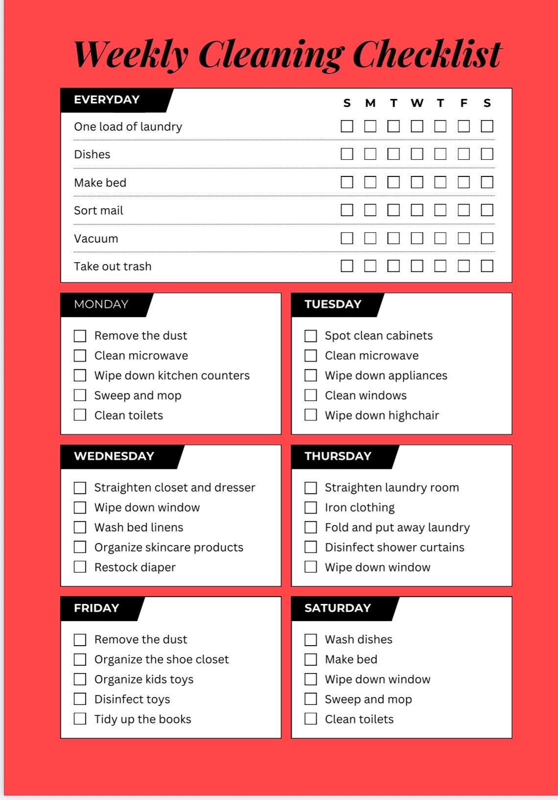 Weekly Cleaning Checklist Printable | Housekeeping Schedule | Home ...