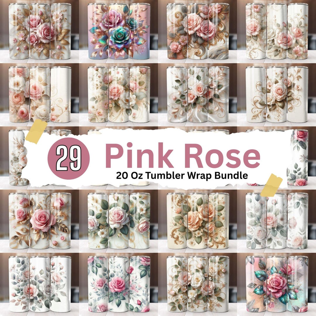 Pink Roses Tumbler Wrap Bundle, Rose 20oz Skinny Sublimation Design ...