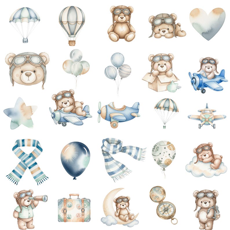Aviator Teddy Bear Clipart, Flying Teddy Bear Clipart, Watercolor ...
